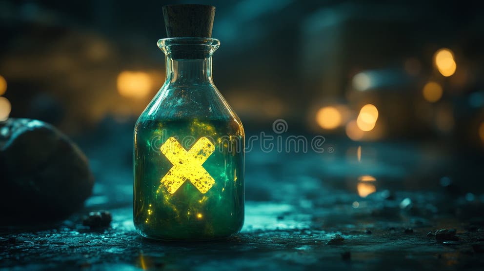 Glowing Potion Bottle with Cross Symbol in a Dark, Mystical Setting ...