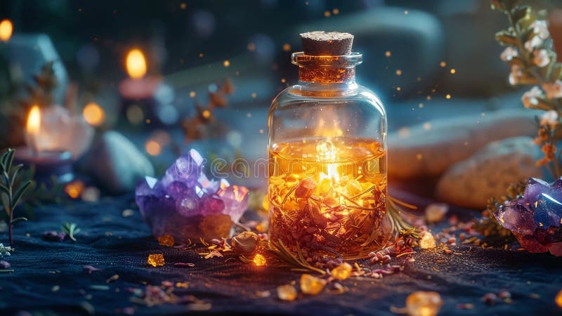 Glowing Potion Bottle with Crystals and Herbs Still Life Stock Footage ...