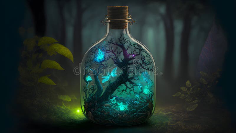 Glowing Potion Bottle with Magic Tree Inside on Night Forest Ground ...