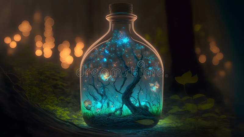 Glowing Potion Bottle with Magic Tree Inside on Night Forest Ground ...
