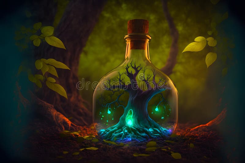 Glowing Potion Bottle with Magic Tree Inside on Night Forest Ground ...