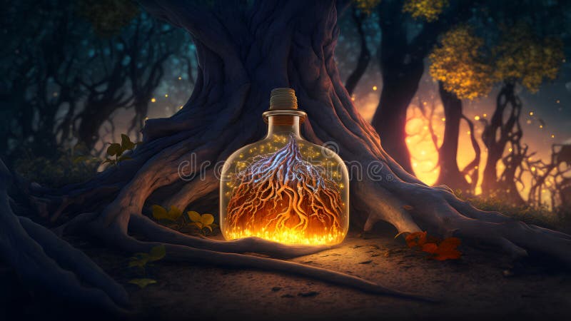 Glowing Potion Bottle with Magic Tree Inside on Night Forest Ground ...
