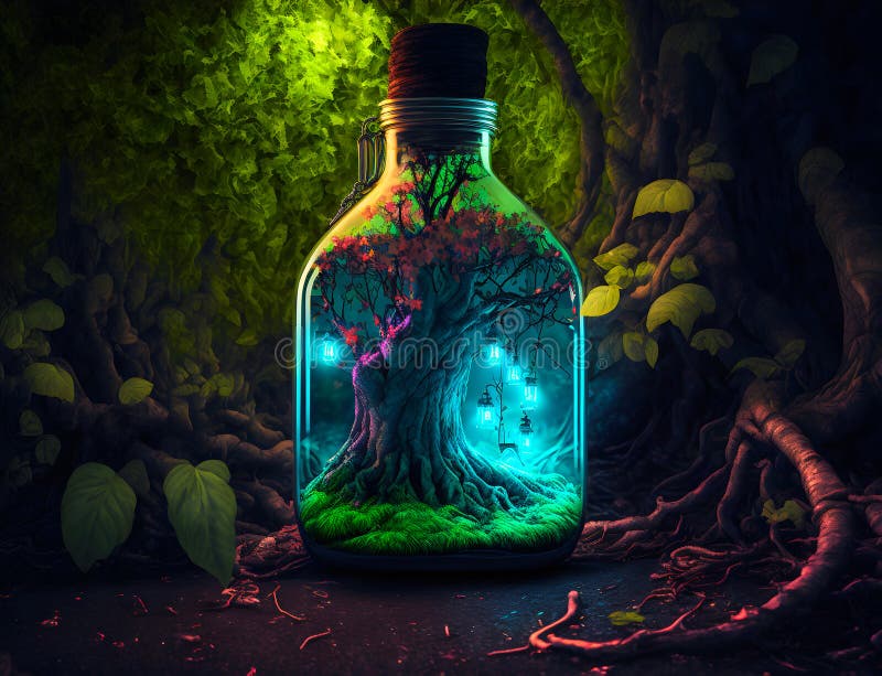 Glowing Potion Bottle with Magic Tree Inside on Night Forest Ground ...