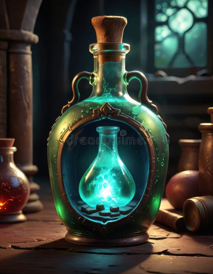 Glowing Potion Bottle in a Medieval Setting. Stock Illustration ...