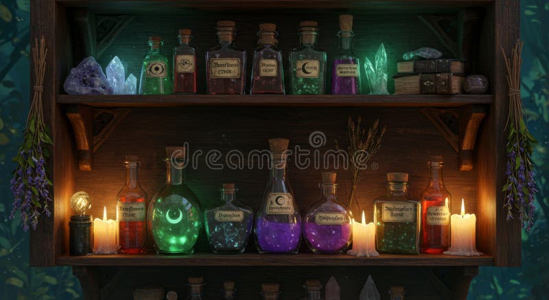 Glowing Potions on a Dark Wooden Shelf Stock Illustration ...