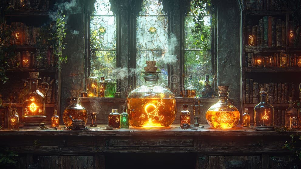 Glowing Potions in a Serene Alchemist Stock Image - Image of ambiance ...