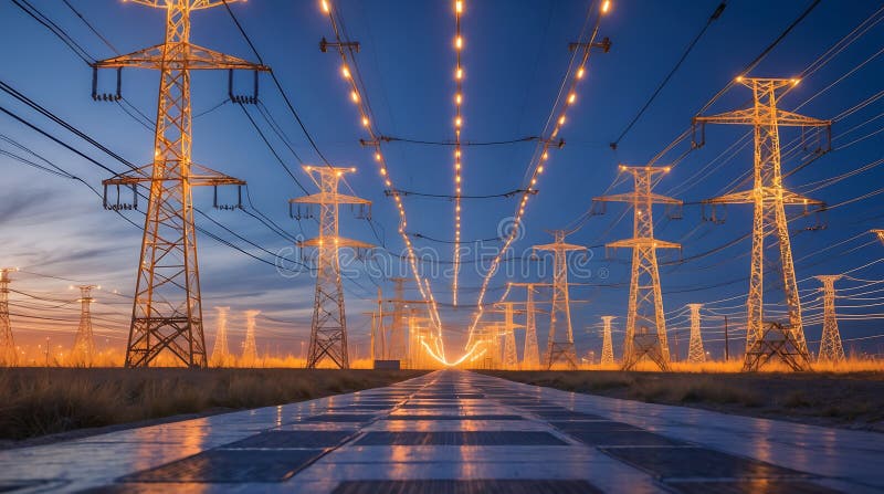 Glowing Power Lines Illuminate Smart Grid Infrastructure at Sunset ...