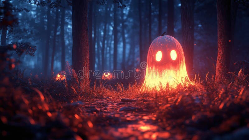 Glowing Pumpkin Ghost in Spooky Forest at Night. Stock Illustration ...