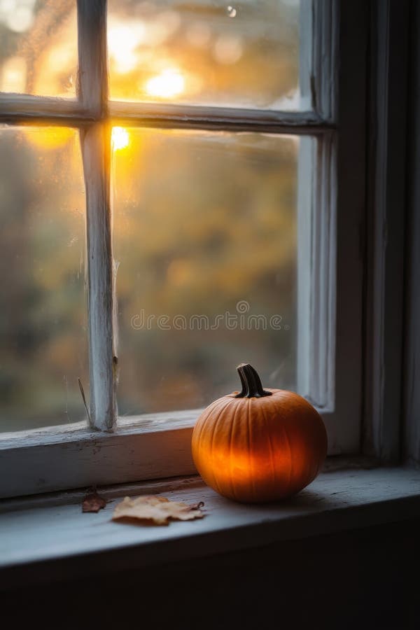Glowing Pumpkin on Windowsill Stock Illustration - Illustration of soft ...