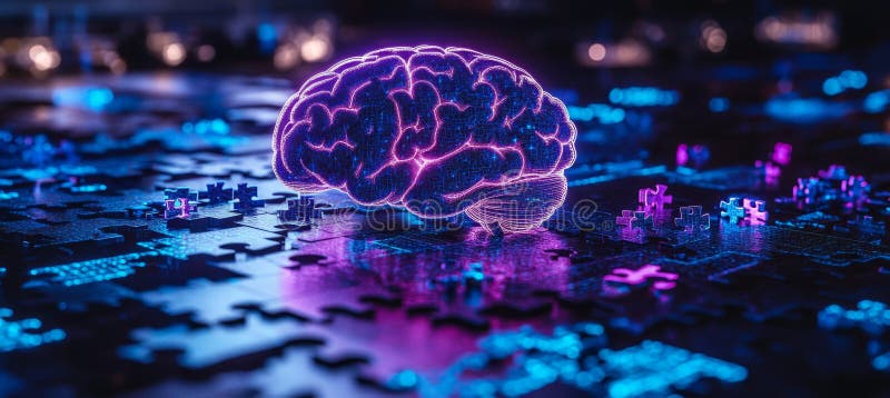 Glowing Purple Artificial Intelligence Brain and Jigsaw Puzzle Neural ...