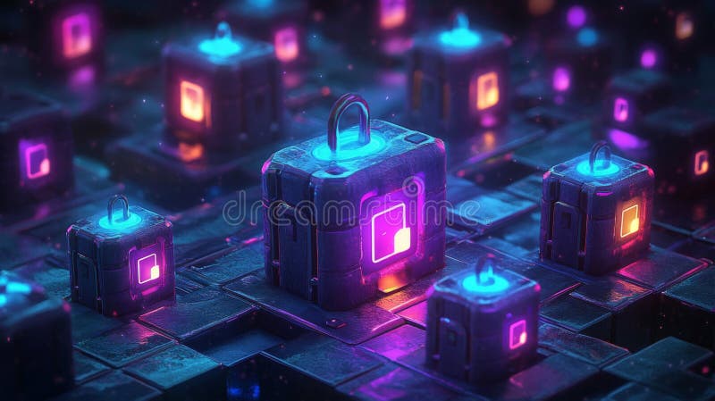 Glowing Purple and Blue Cubes Abstract Digital Data Security Network ...