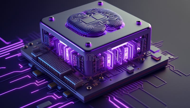 Glowing Purple Brain Circuit on Microchip on Computer, Generative AI ...
