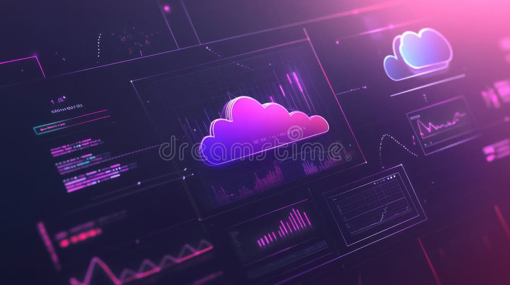 A Glowing Purple Cloud Icon on a Digital Screen with Various Graphs ...