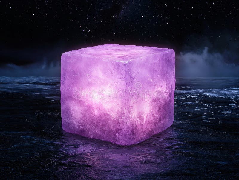 Glowing Purple Crystal Cube Floating on Dark Ocean Stock Illustration ...