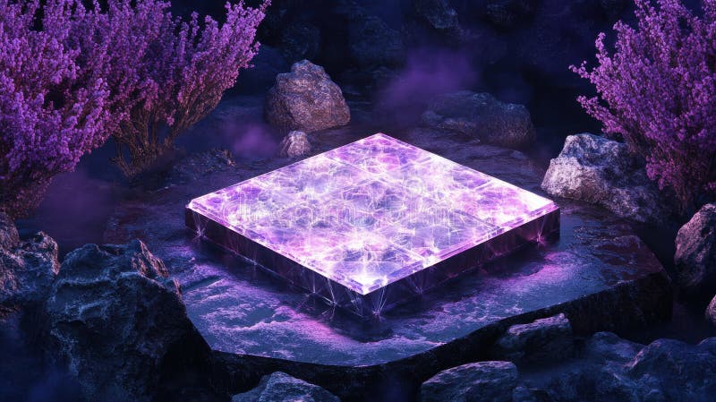 Glowing Purple Crystal Platform Surrounded by Rocks and Lush Vegetation ...