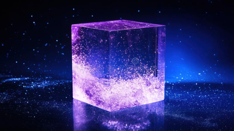 Glowing Purple Cube in Cosmic Blue Setting with Sparkling Particles Stock Image - Image of ...