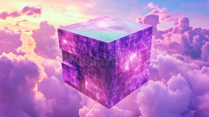 Glowing Purple Cube Floating Above Pink and Purple Clouds at Sunset ...