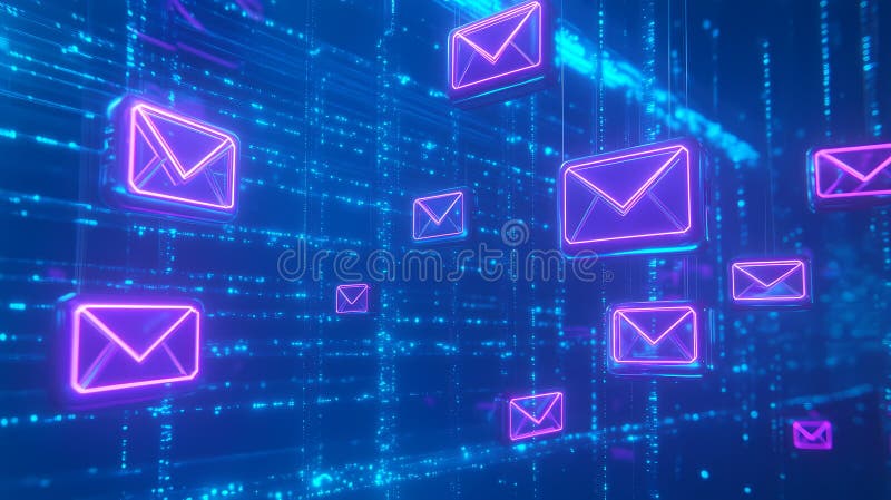 Neon Purple Email Icons Floating in Cyberspace Representing Online ...