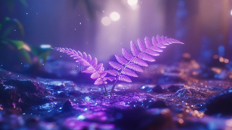 Glowing Purple Fern Sprout in Dark Mystical Forest Stock Image - Image ...