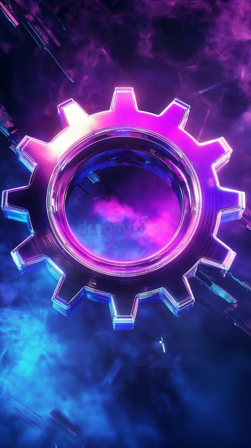 Glowing Purple Gear Amidst Neon Clouds Stock Illustration ...