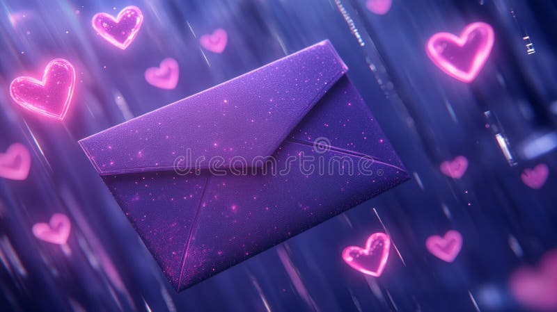 Glowing Purple Glitter Envelope with Hearts Stock Illustration ...