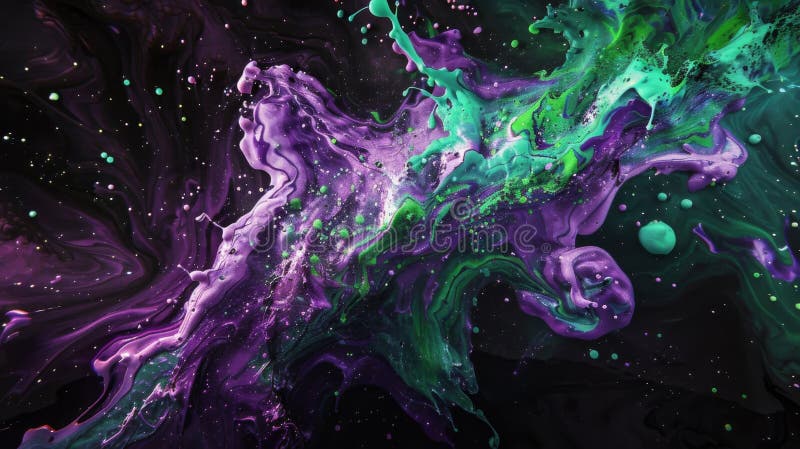 Glowing Purple and Green Paint Splashes Ter Across a Black Canvas ...