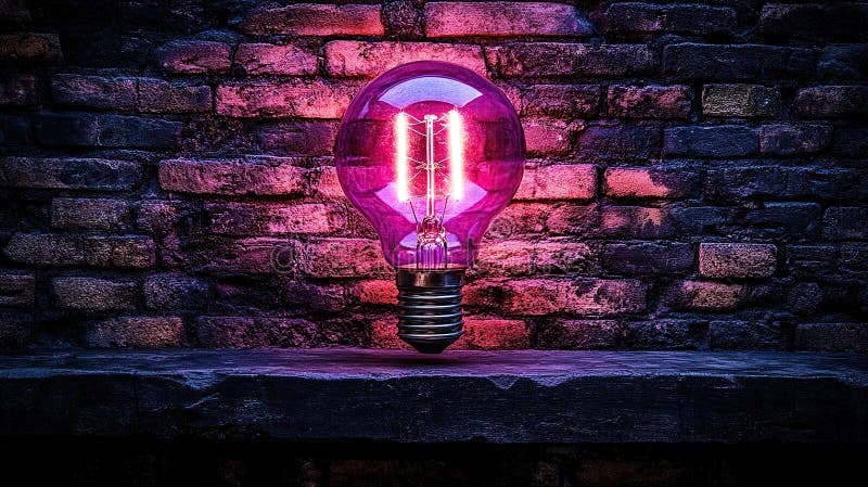 Glowing Purple Lightbulb on a Stone Ledge Against a Brick Wall Stock ...