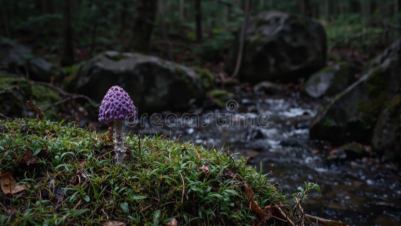 Glowing Purple Mushroom in Dark Forest by Stream Stock Illustration ...