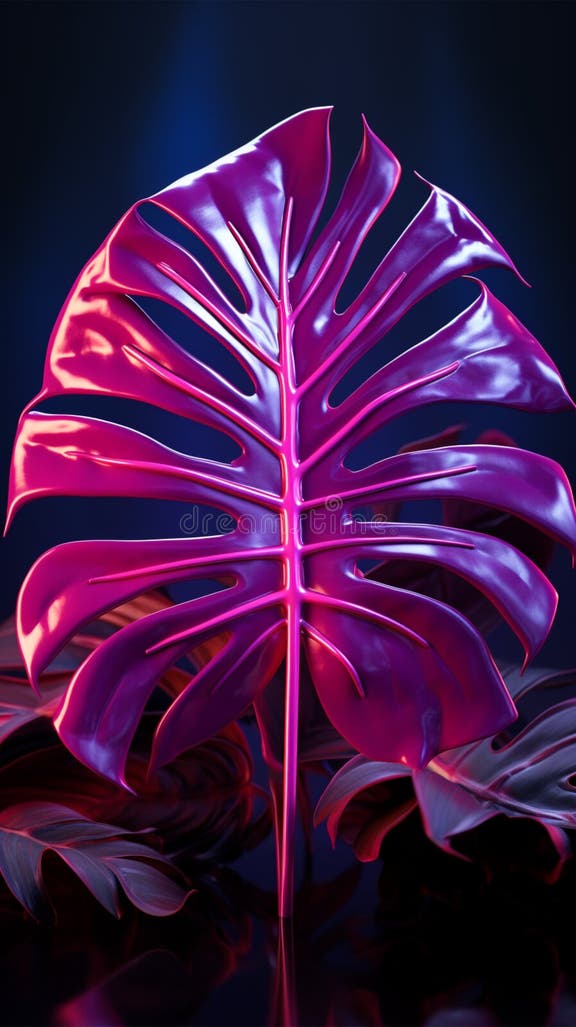 Glowing Purple Neon Light Transforms Monstera Leaf into a 3D ...