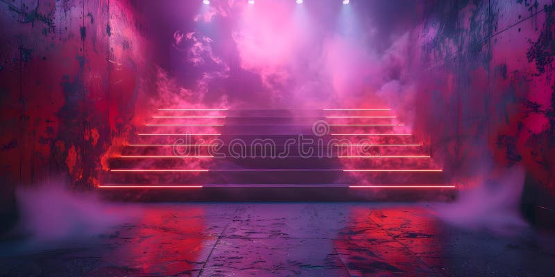 Glowing Purple Neon Rectangle with Retro Lasers on Empty Stage in Cyber ...