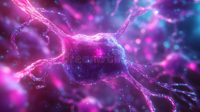 Glowing Purple Neuron Cell Network Microscopic 3D Rendering Stock ...