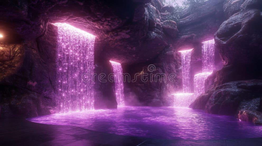 Glowing Purple Waterfall in Dark Cave Stock Illustration - Illustration ...