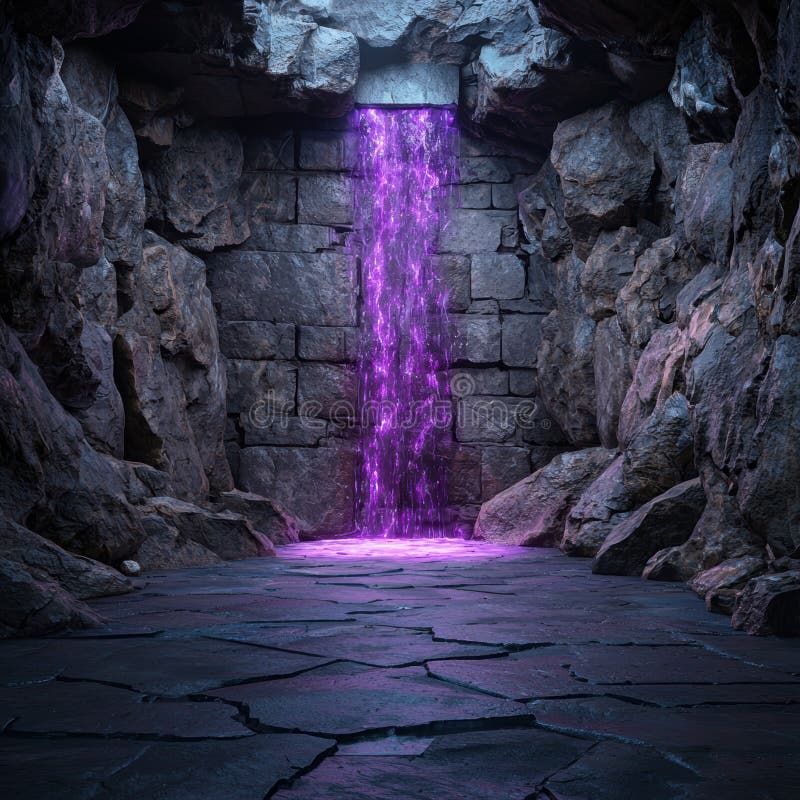 Glowing Purple Waterfall in Dark Cave Stock Illustration - Illustration ...