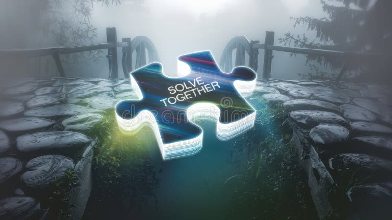 Glowing Puzzle Piece with Text Solve Together on a Misty Stone Bridge ...
