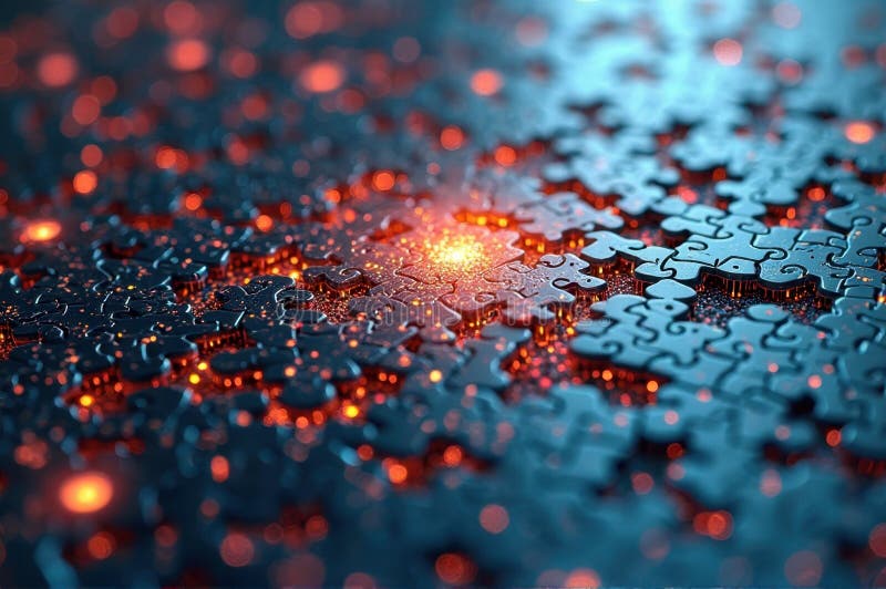 Glowing Puzzle Pieces on Reflective Metallic Surface: Illuminated ...