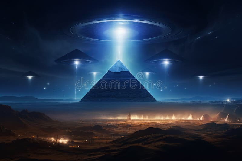 A Glowing Pyramid with Alien Ships Flying Above it, Illuminated by Blue ...