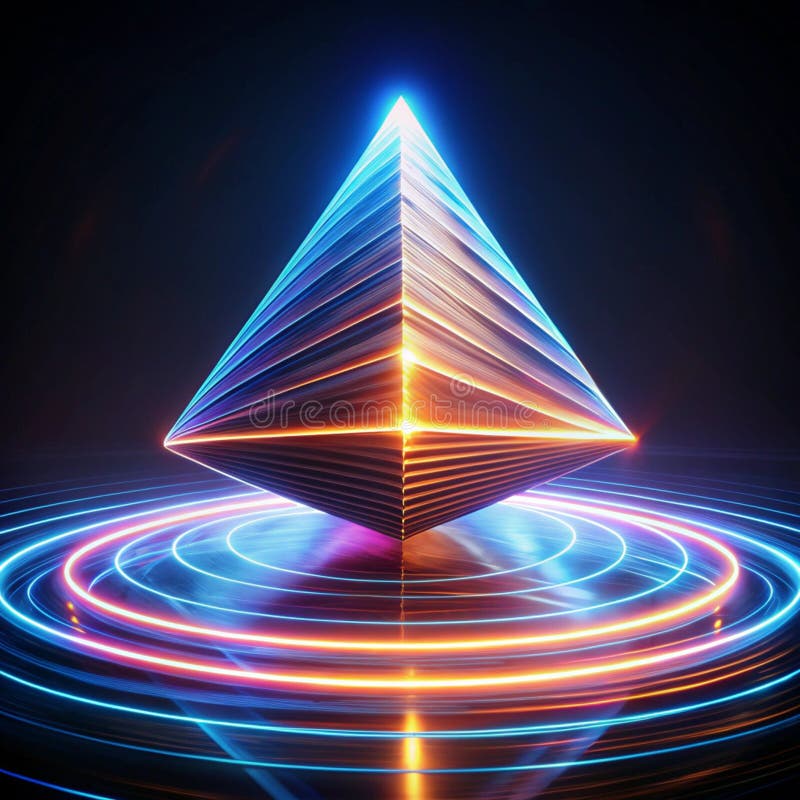 Floating Glowing Pyramid with Rotating Light Trails Stock Illustration ...