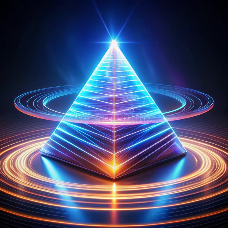Floating Glowing Pyramid with Rotating Light Trails Stock Illustration ...