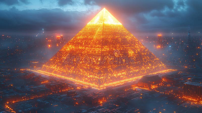 Glowing Pyramid Over Futuristic City at Night Stock Illustration ...
