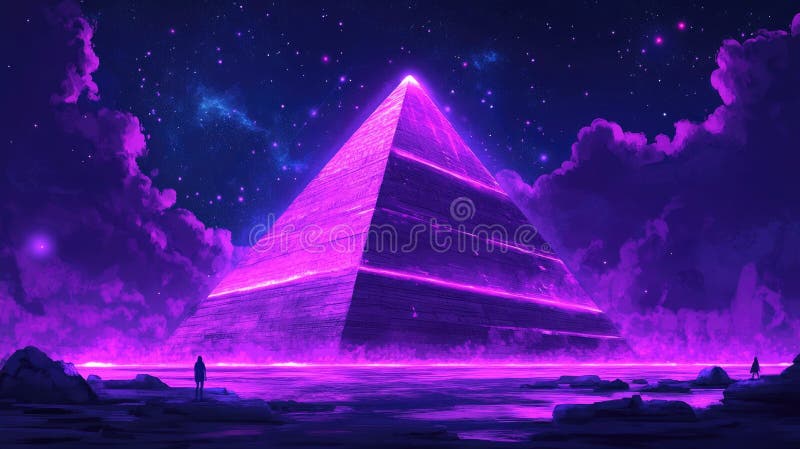 Glowing Pyramid in Surreal Night Sky with Purple Aura and Starry Clouds ...