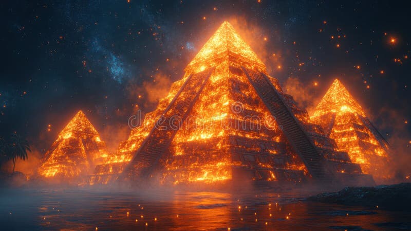 Glowing Pyramids Erupting with Fire at Night in Mysterious Desert ...