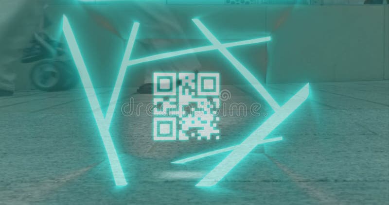 Glowing QR Code with Blue Lines on Urban Pavement Background Stock ...