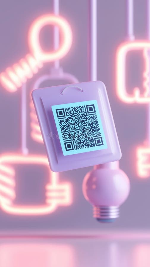 Glowing QR Code Coupon Hanging from Light Bulb, Surrounded by Neon ...