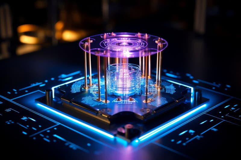 Glowing Quantum Computer Processor Purple Light Atomic Machine Board ...