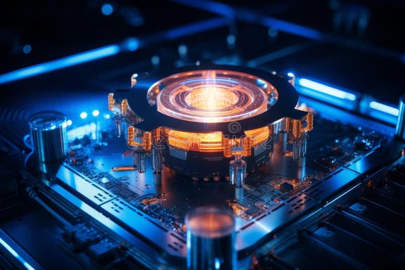 Glowing Quantum Computer Processor Purple Light Atomic Machine Board ...