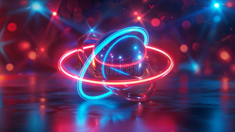 Glowing Quantum Particle Model with Neon Orbits Stock Illustration ...