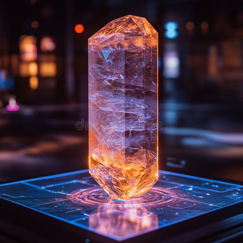Glowing Quartz Crystal Illuminated on Holographic Display with Abstract ...