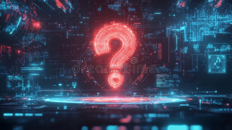 A Glowing Question Mark in a Digital Landscape. Bright Red with a Blue ...