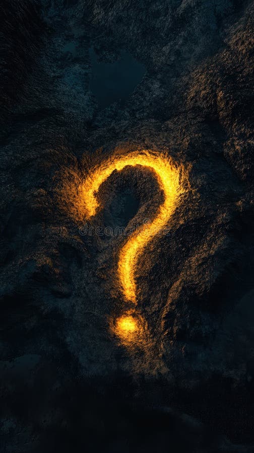 Glowing Question Mark Embedded in Rugged Terrain with Fiery Orange Neon ...