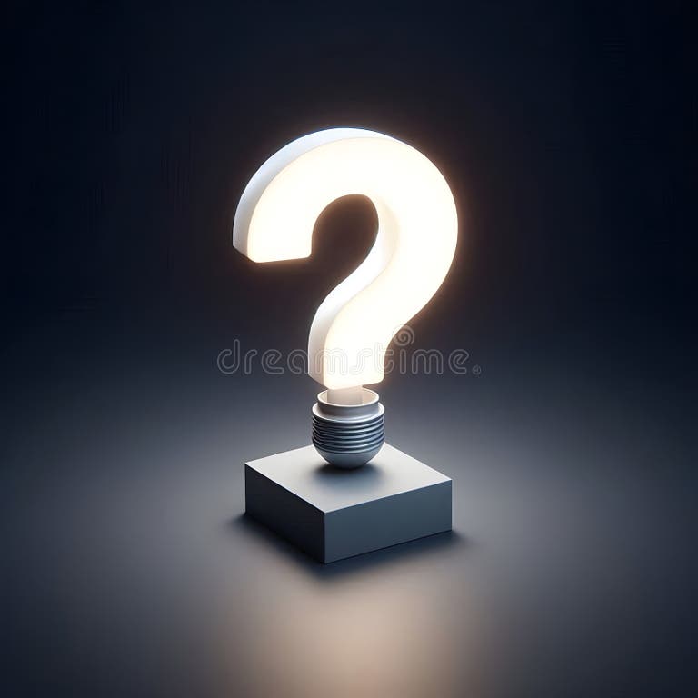 A Glowing Question Mark Light Bulb Stands on a Dark, Reflective Surface ...